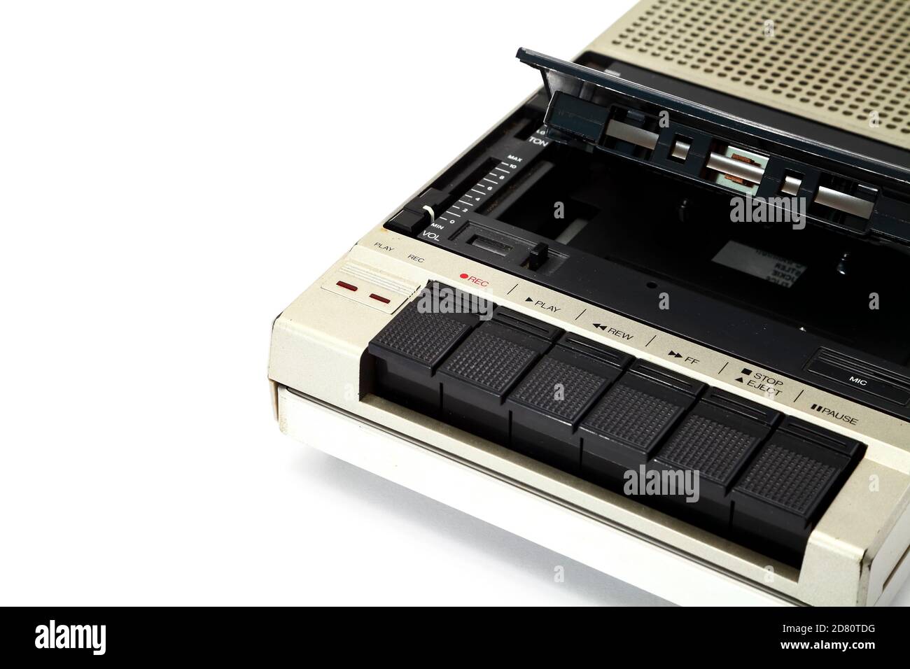 Old vintage portable cassette player from the 1980s isolated on a white ...