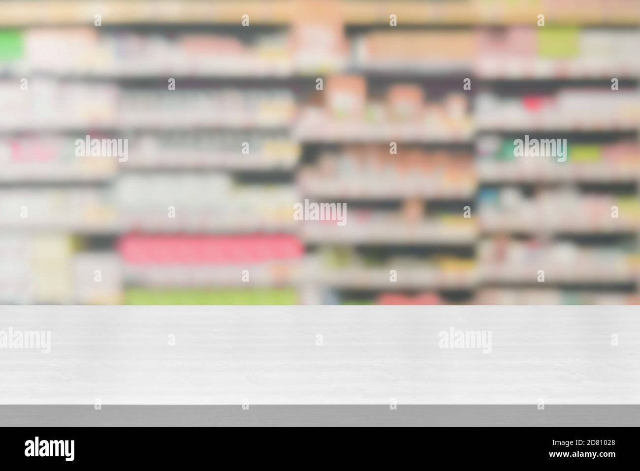 Wood table in pharmacy or drugstore background with empty copy space on ...