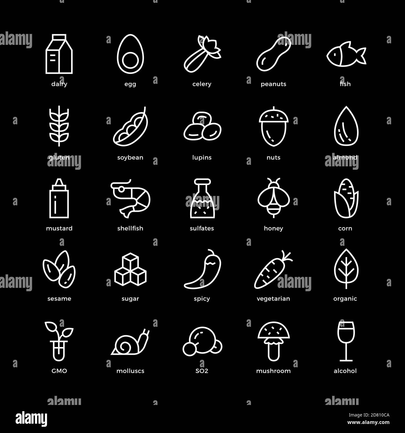 25 basic allergens and diet line icons set. Isolated on black ...