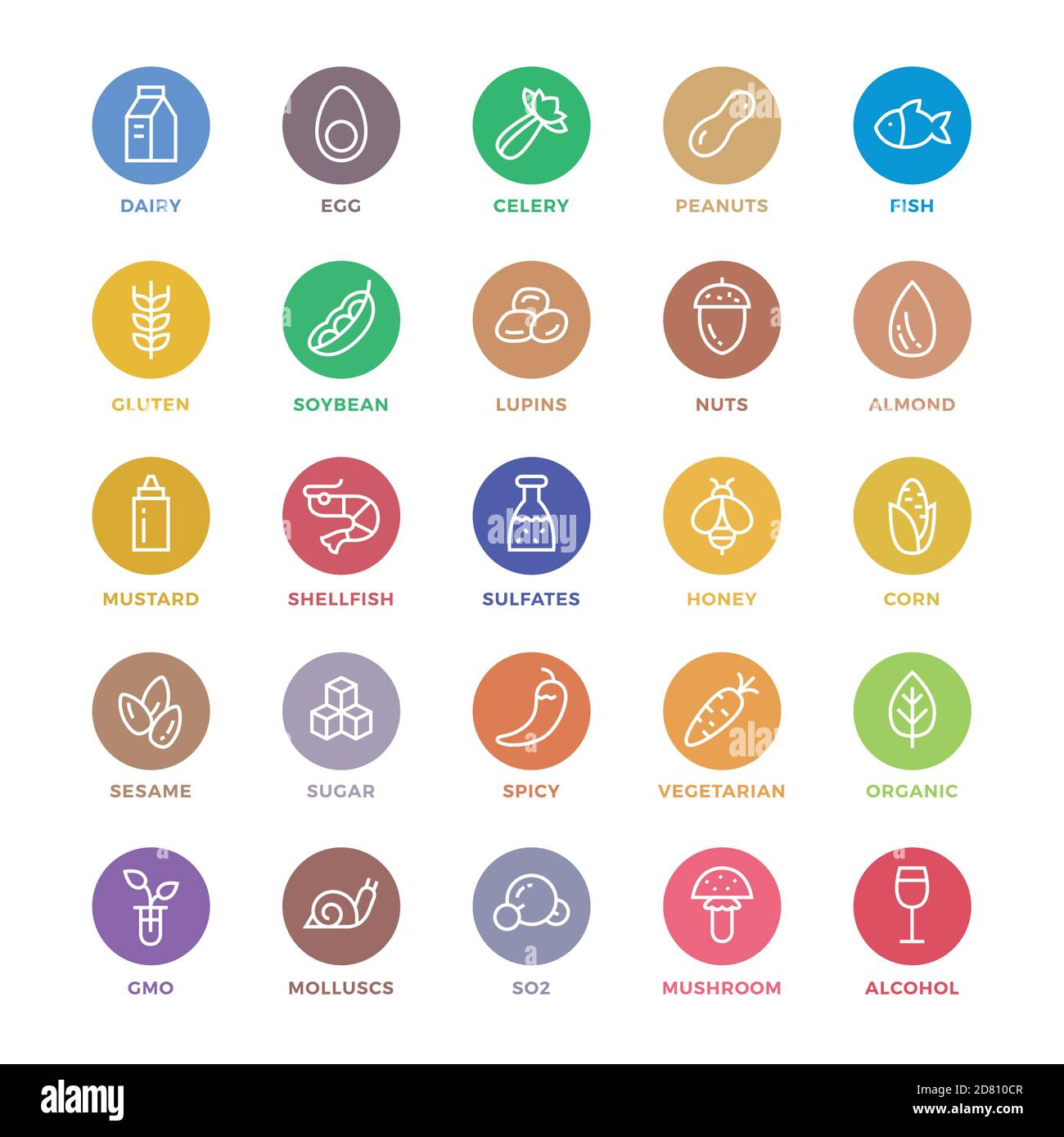 25 basic colorful allergens and diet line icons set. Isolated on white ...