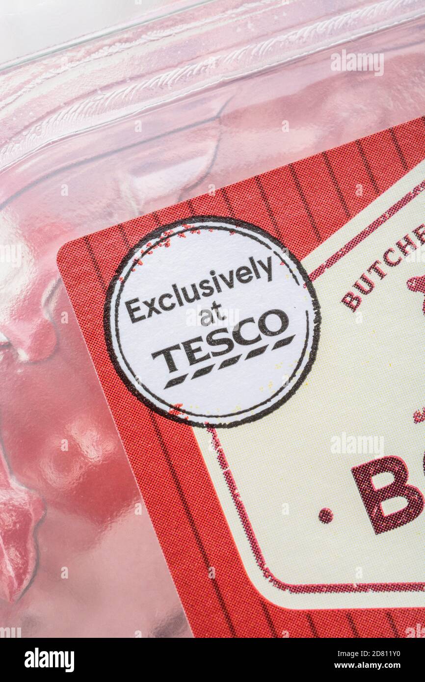 Close up shot plastic wrapped Tesco mince beef / ground meat product ...