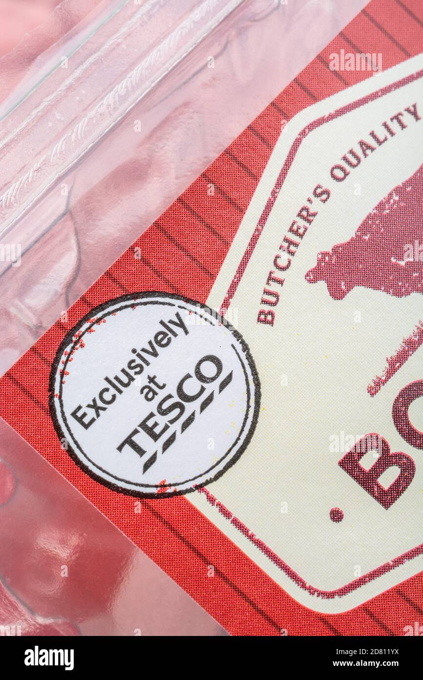 Close up shot plastic wrapped Tesco mince beef / ground meat product ...