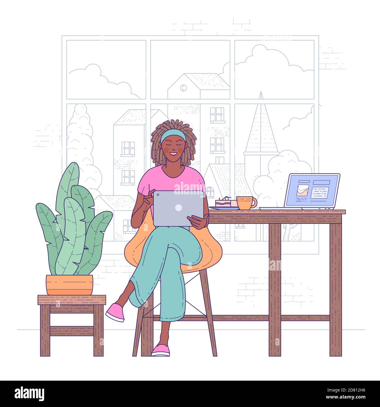 Girl freelancer coffee home Stock Vector Images - Alamy