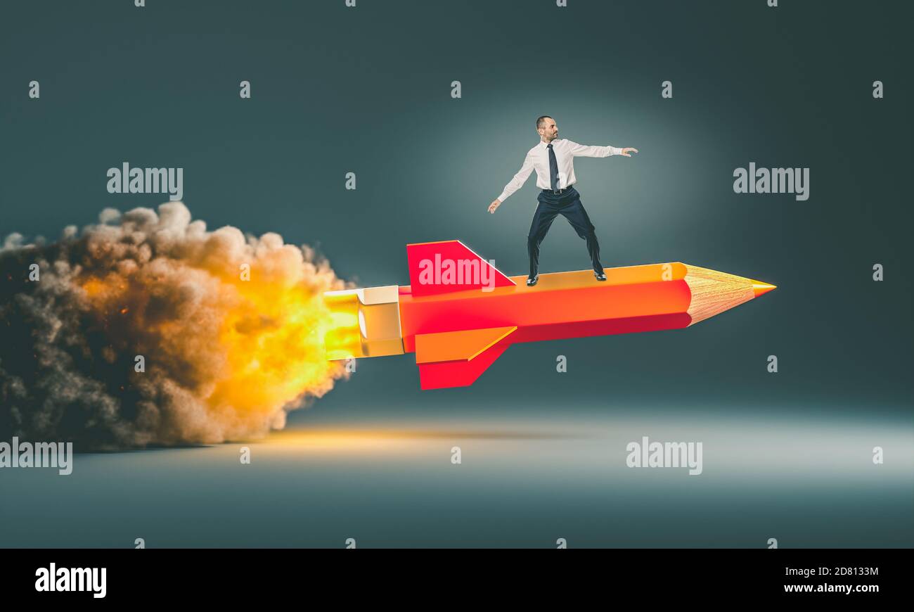 man riding a rocket pencil. concept of creativity and success Stock ...