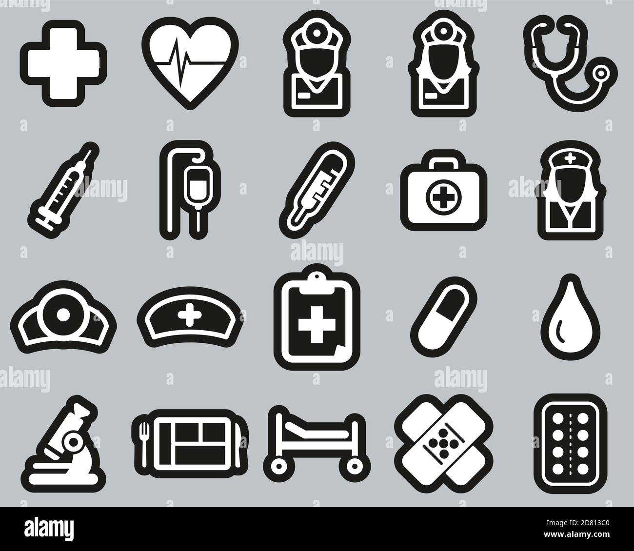 Hospital Staff & Equipment Icons White On Black Sticker Set Big Stock ...