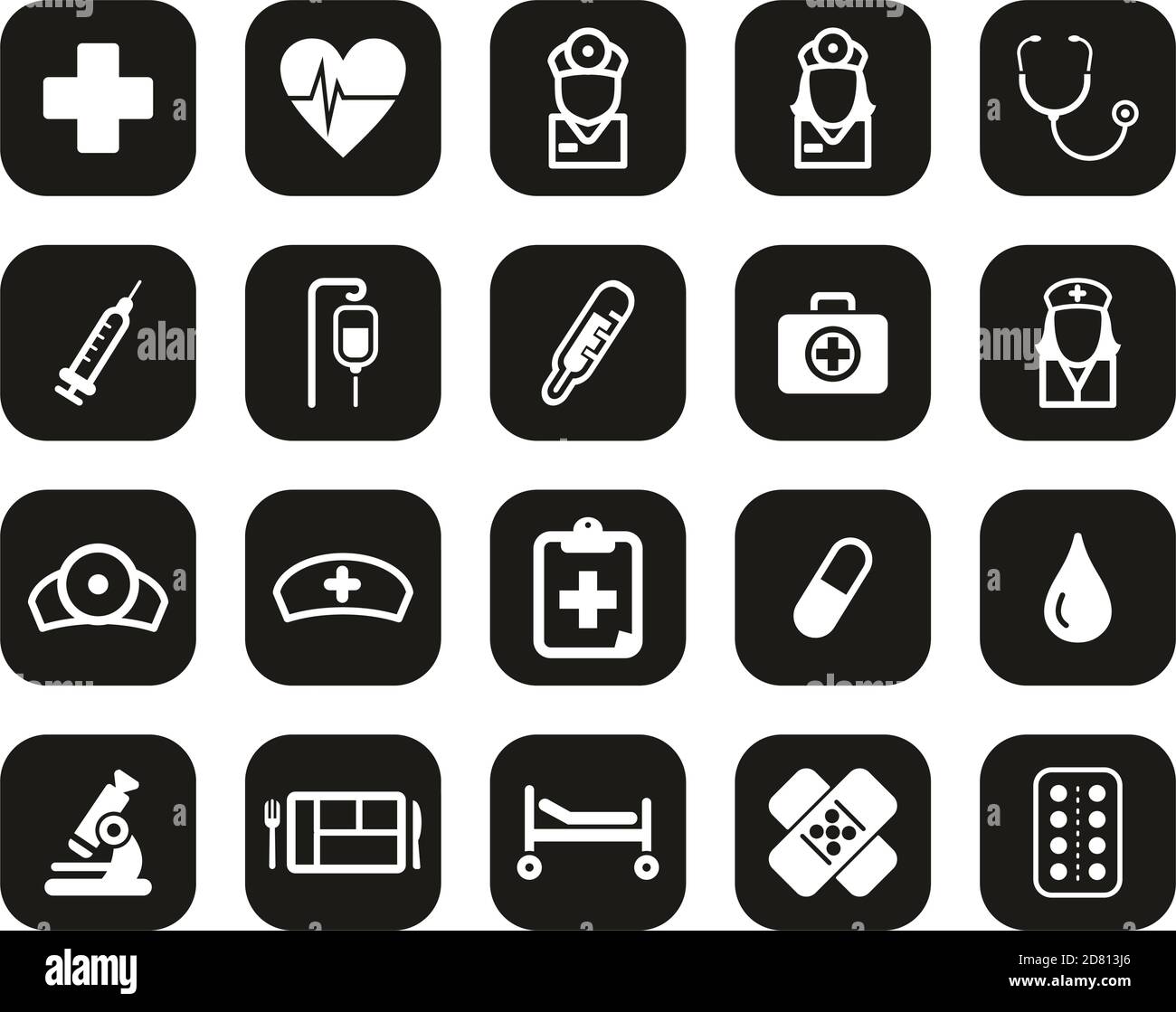 Hospital Staff & Equipment Icons White On Black Flat Design Set Big ...