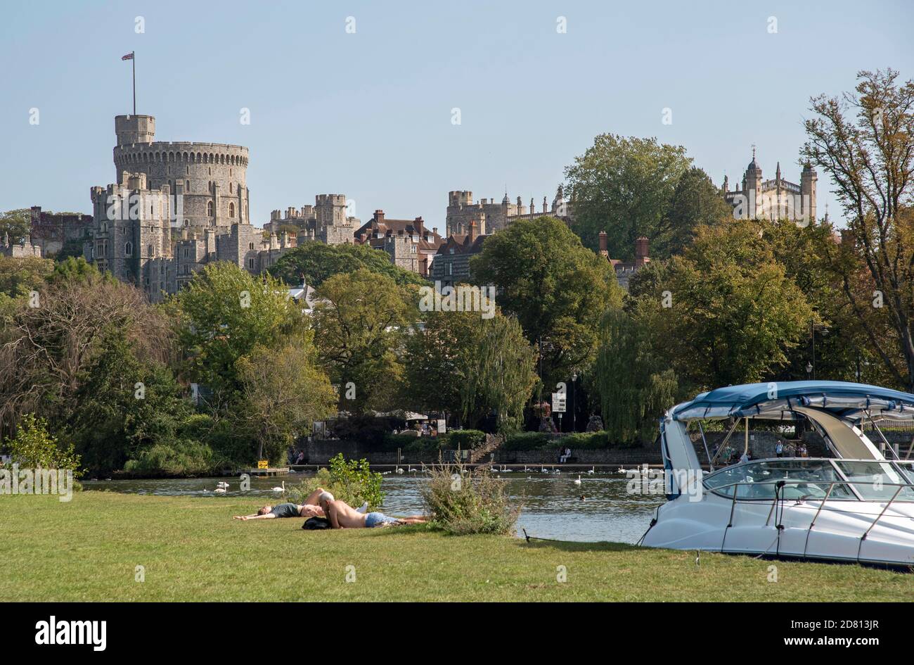 Windsor, Berkshire, England, UK. 2020. Tourists and boats along the ...