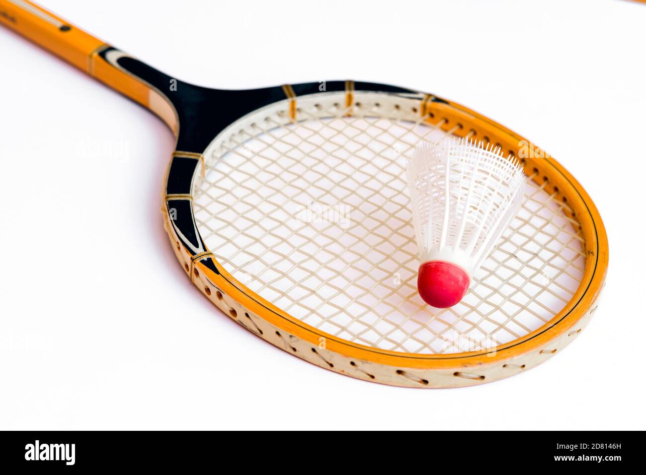 Closeup Badminton racket and shuttlecock isolated on white top view ...