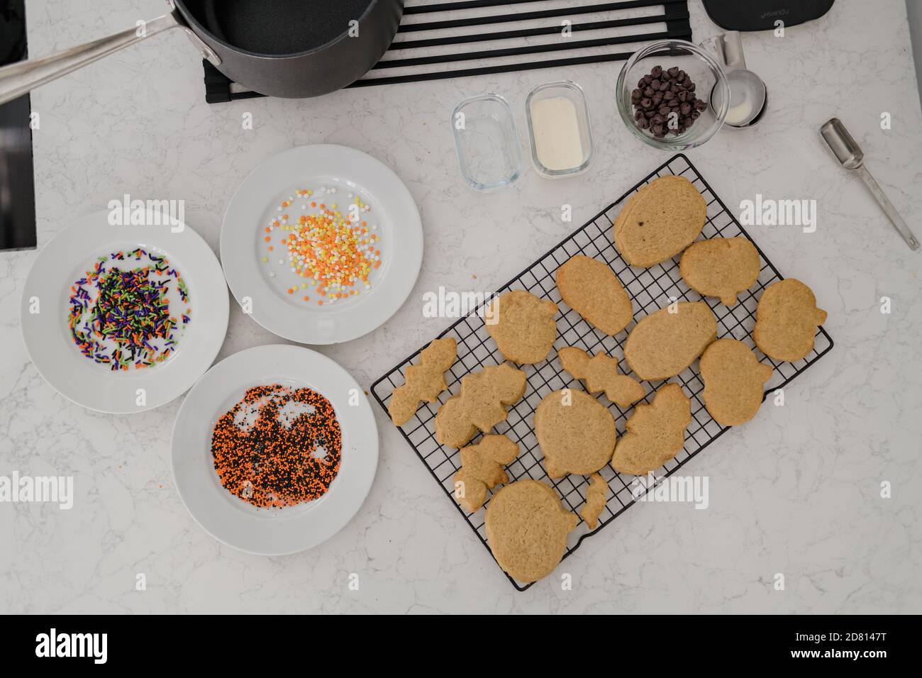 holiday cookie decorating supplies arranged on kitchen counter Stock ...