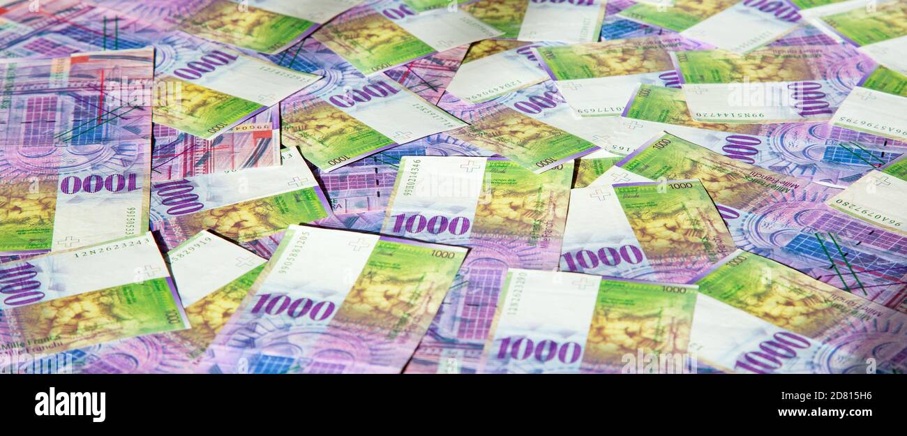 Collection of the Swiss 1000 franks banknotes. 1000 franks note issued ...