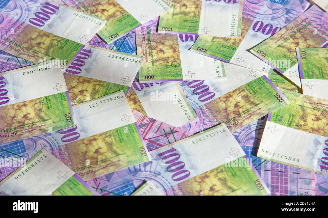Collection of the Swiss 1000 franks banknotes. 1000 franks note issued ...
