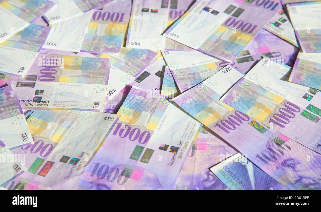 Collection of the Swiss 1000 franks banknotes. 1000 franks note issued ...