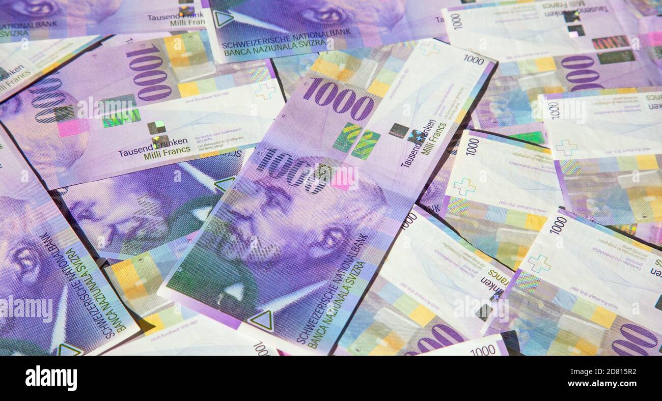 Collection of the Swiss 1000 franks banknotes. 1000 franks note issued ...