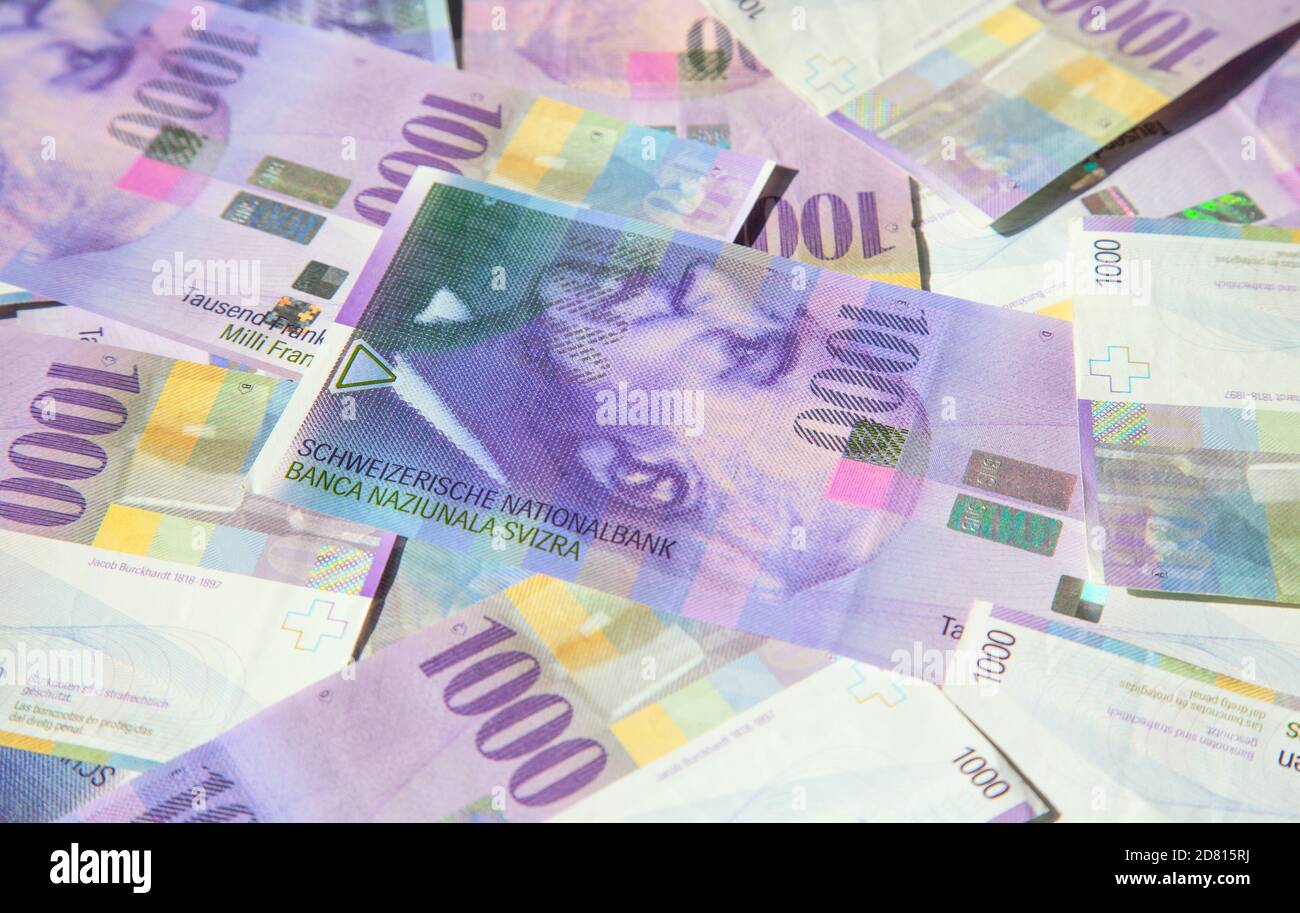 Collection of the Swiss 1000 franks banknotes. 1000 franks note issued ...