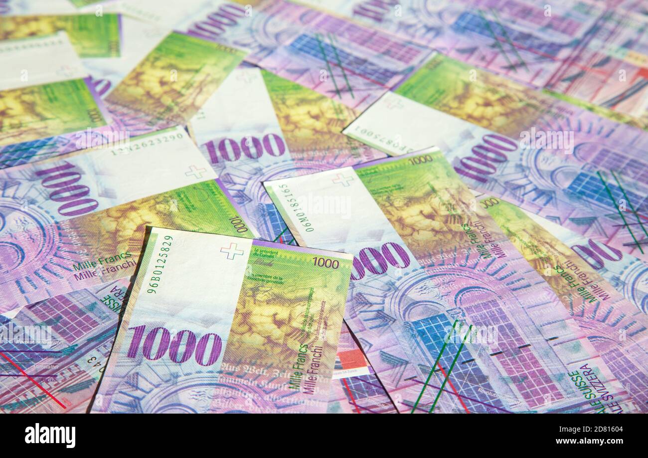 Collection of the Swiss 1000 franks banknotes. 1000 franks note issued ...