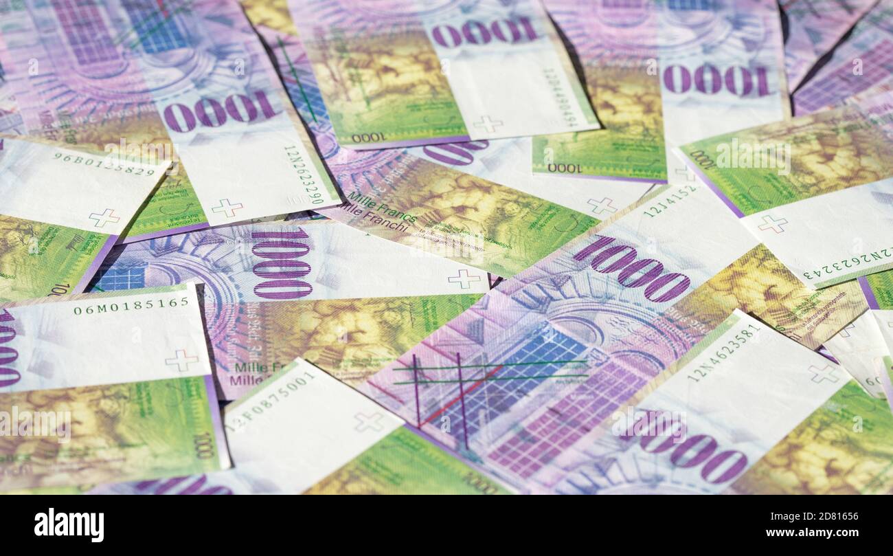 Collection of the Swiss 1000 franks banknotes. 1000 franks note issued ...