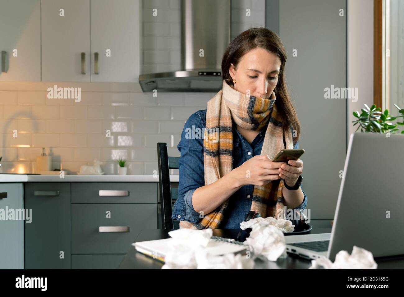 Beautiful women working from home while feeling sick. Stay at home ...