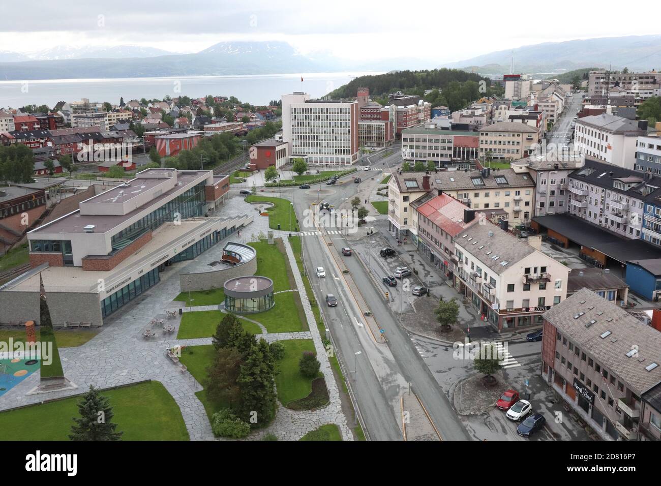 Narvik / Norway - June 23 2019: Aerial view onto the city center of ...