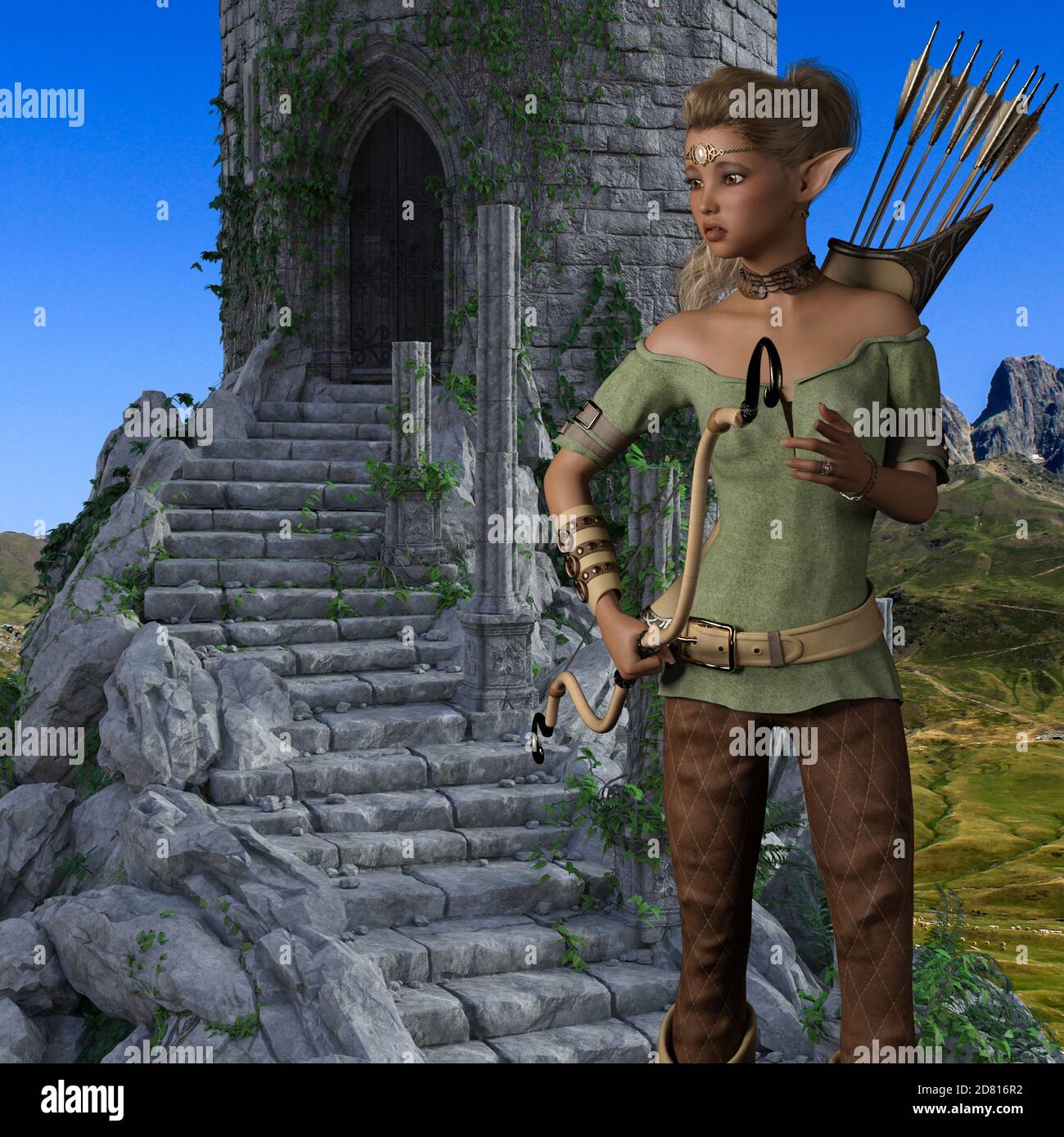 3D Illustration portrait of beautiful elven woman with fantasy ...