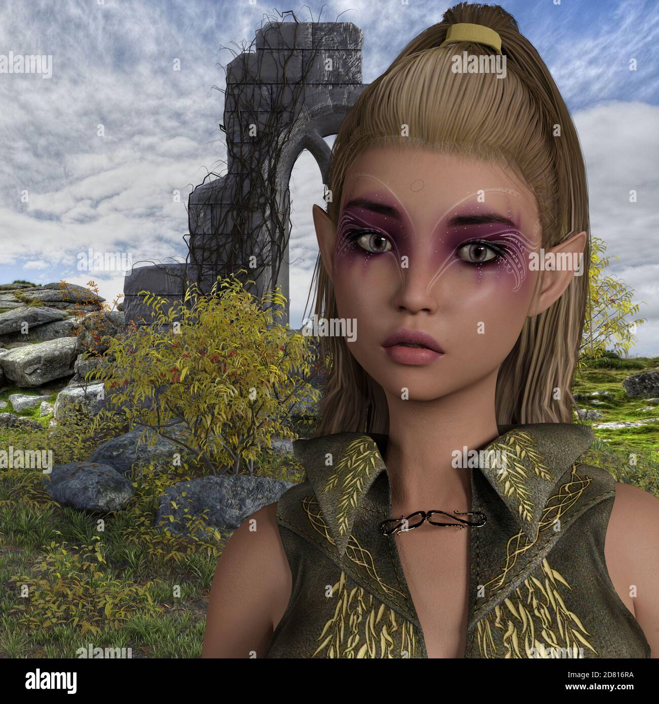 3D Illustration portrait of beautiful elven woman with fantasy ...