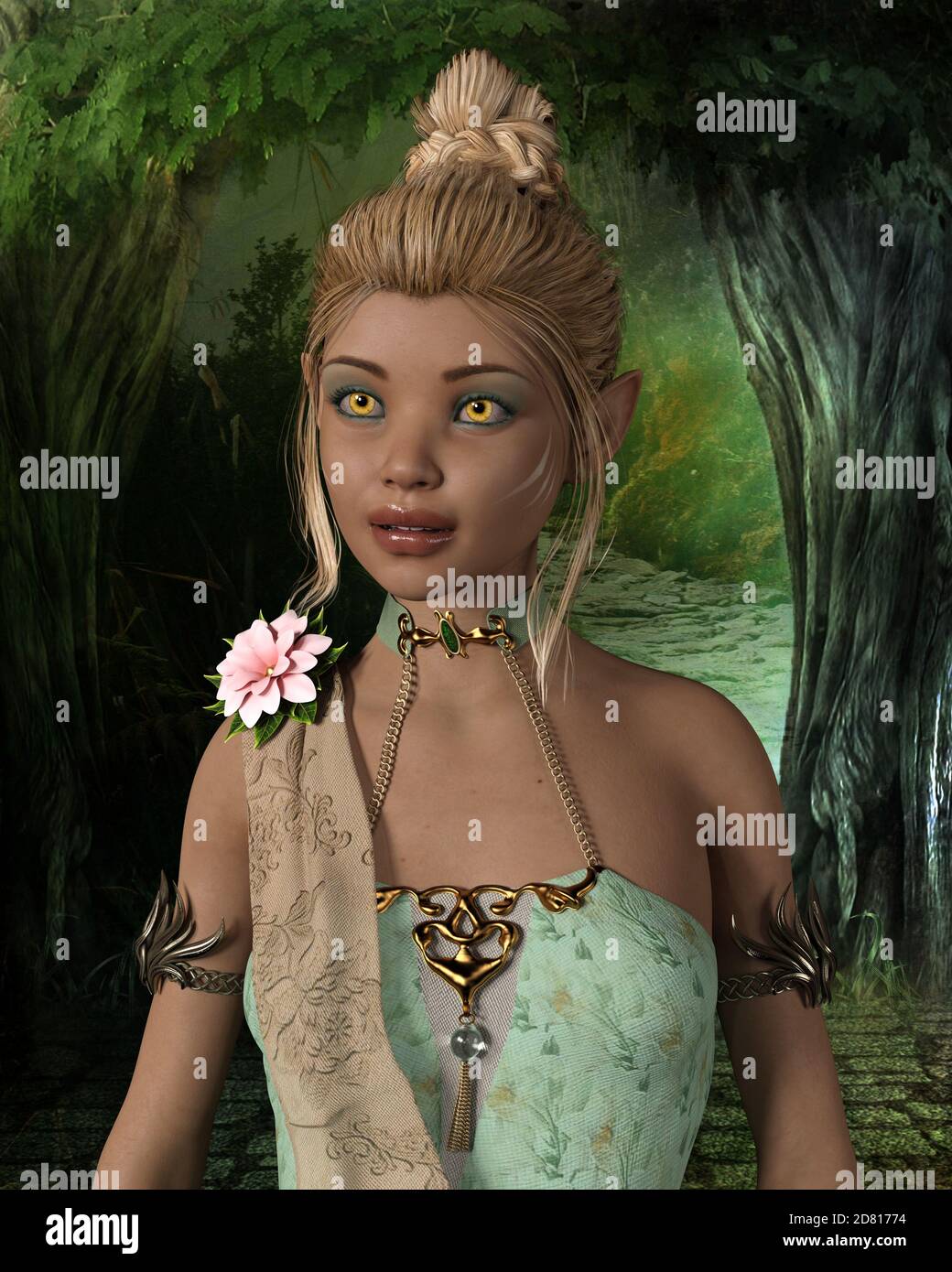 3D Illustration portrait of beautiful elven woman with fantasy ...