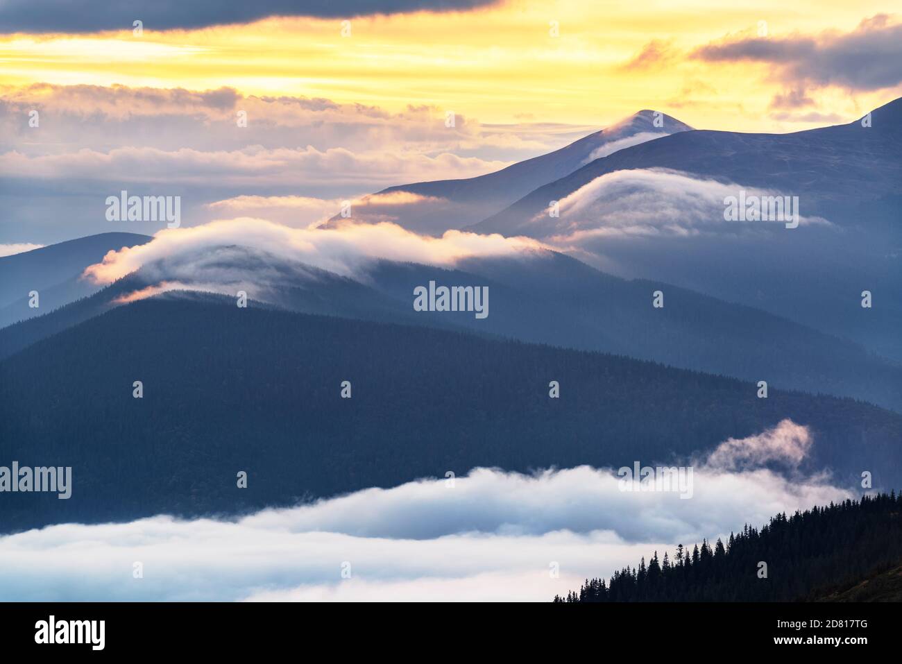 Amazing sunrise landscape with view on the highest mountain top of ...