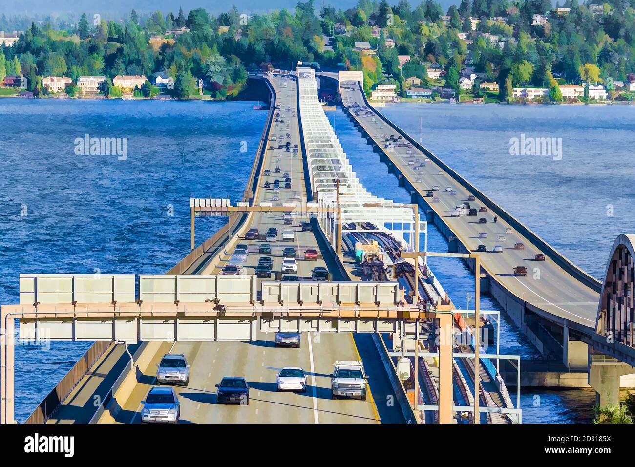 A view of Interstate Ninety floating bridges from Seattle Stock Photo ...