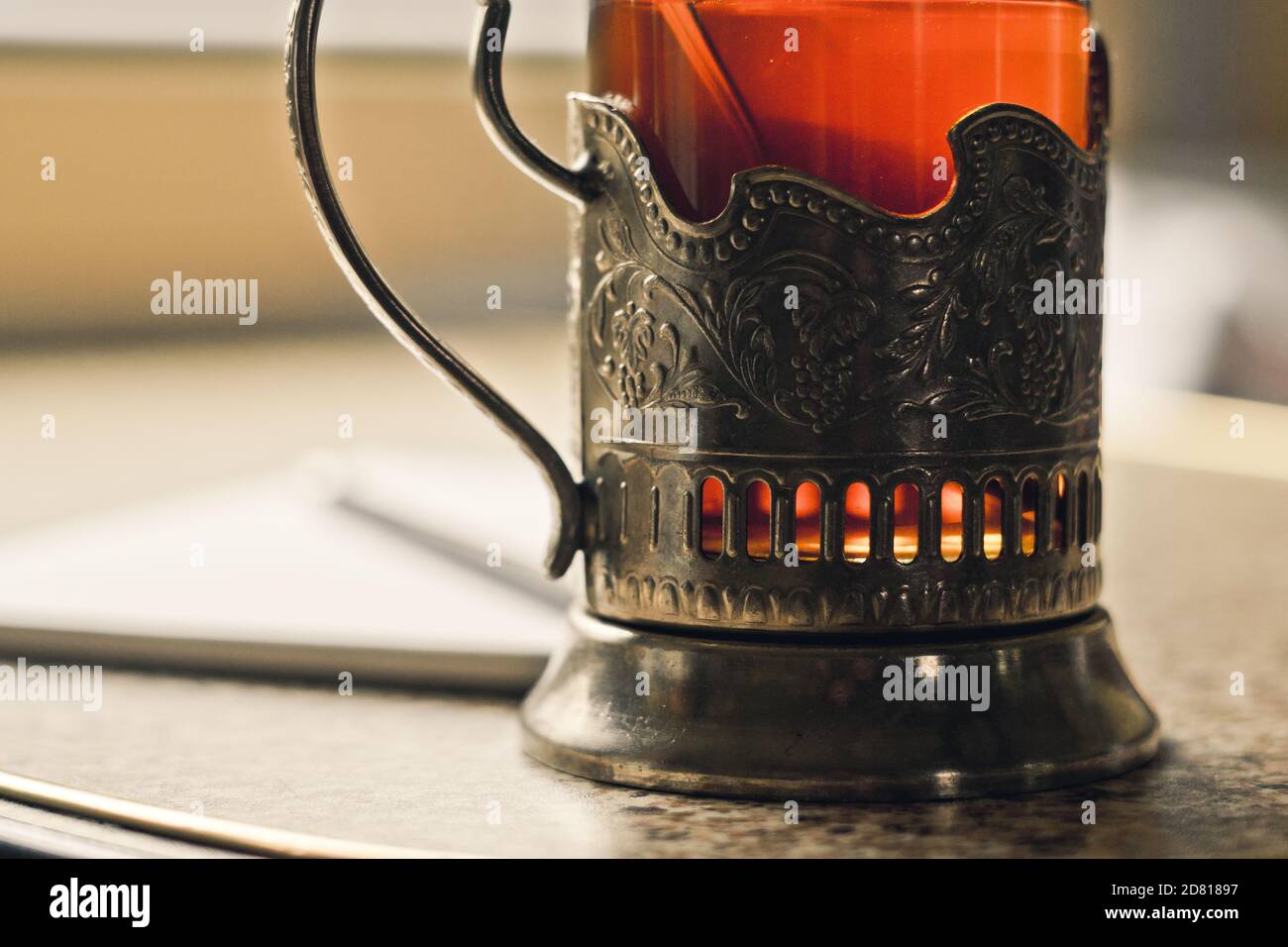 tea in a Cup holder on the train Stock Photo - Alamy