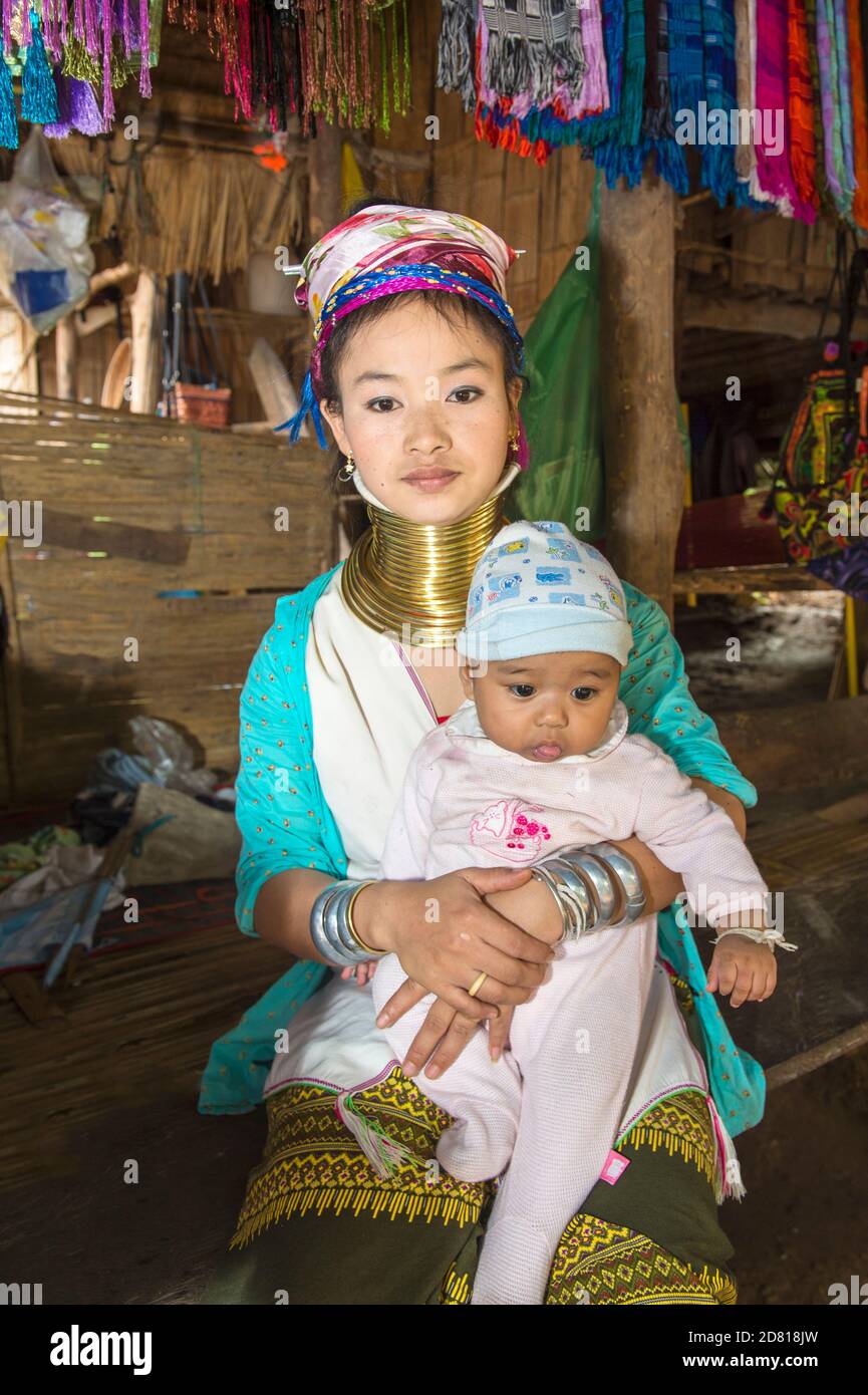 Long-necked woman with her baby, Karen tribe, Chiang Mai, Thailand ...