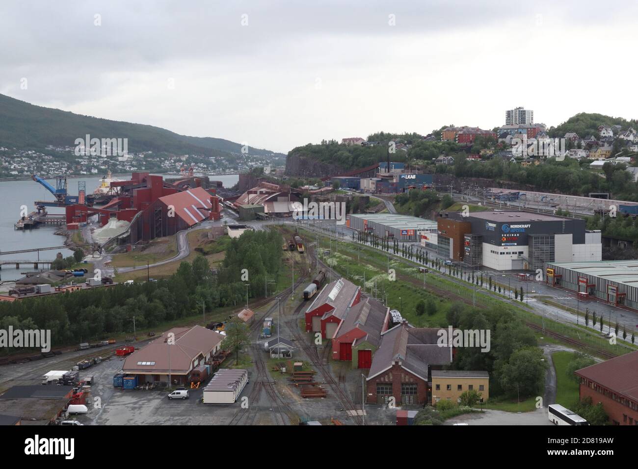 Narvik, / Norway - June 23 2019: Aerial view onto harbor of Narvik ...
