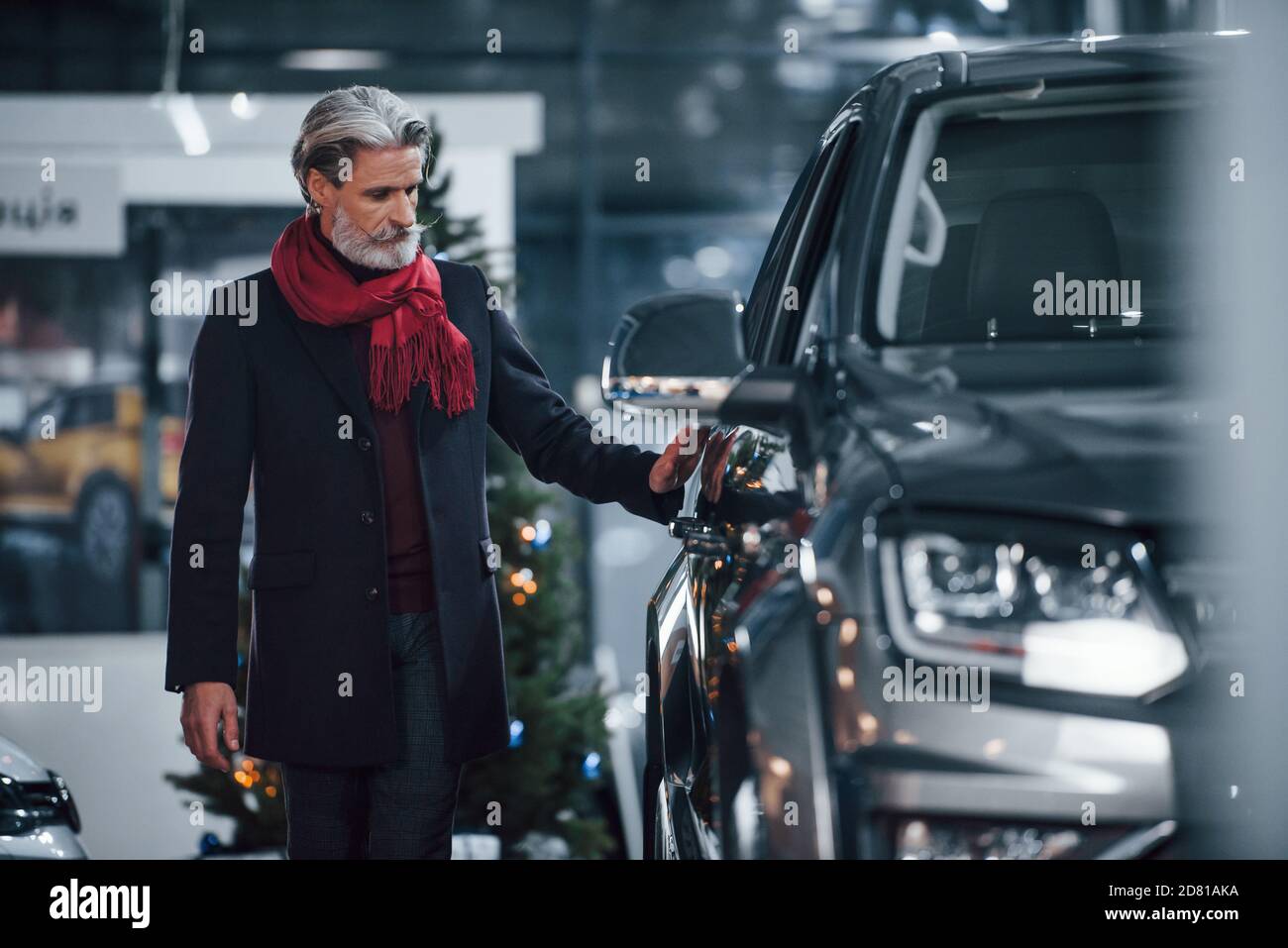 Fashionable old man with grey hair and mustache looking for a new car ...