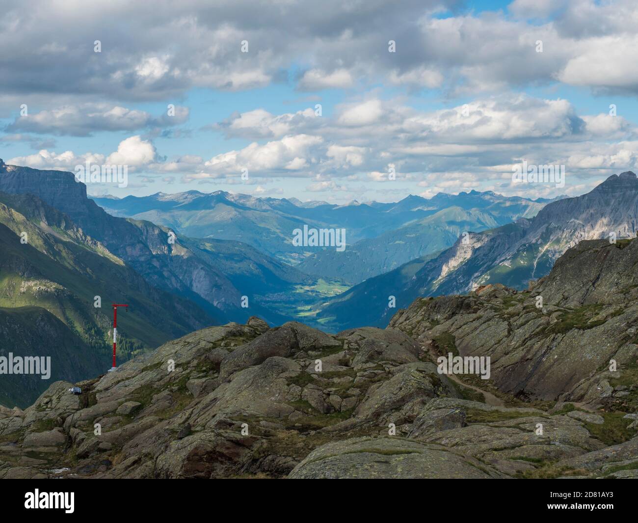 Summer view of Stubai valley from Bremer Hutte at hiking trail, Stubai ...