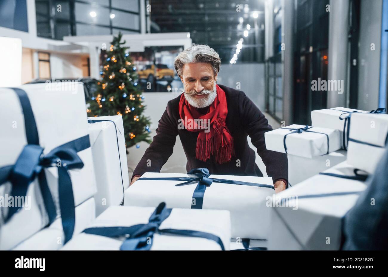 Stylish old man with grey hair and mustache packing presents in gift ...