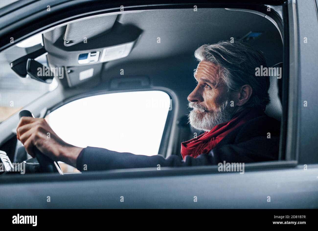 Modern stylish senior man with grey hair and mustache is in the modern ...