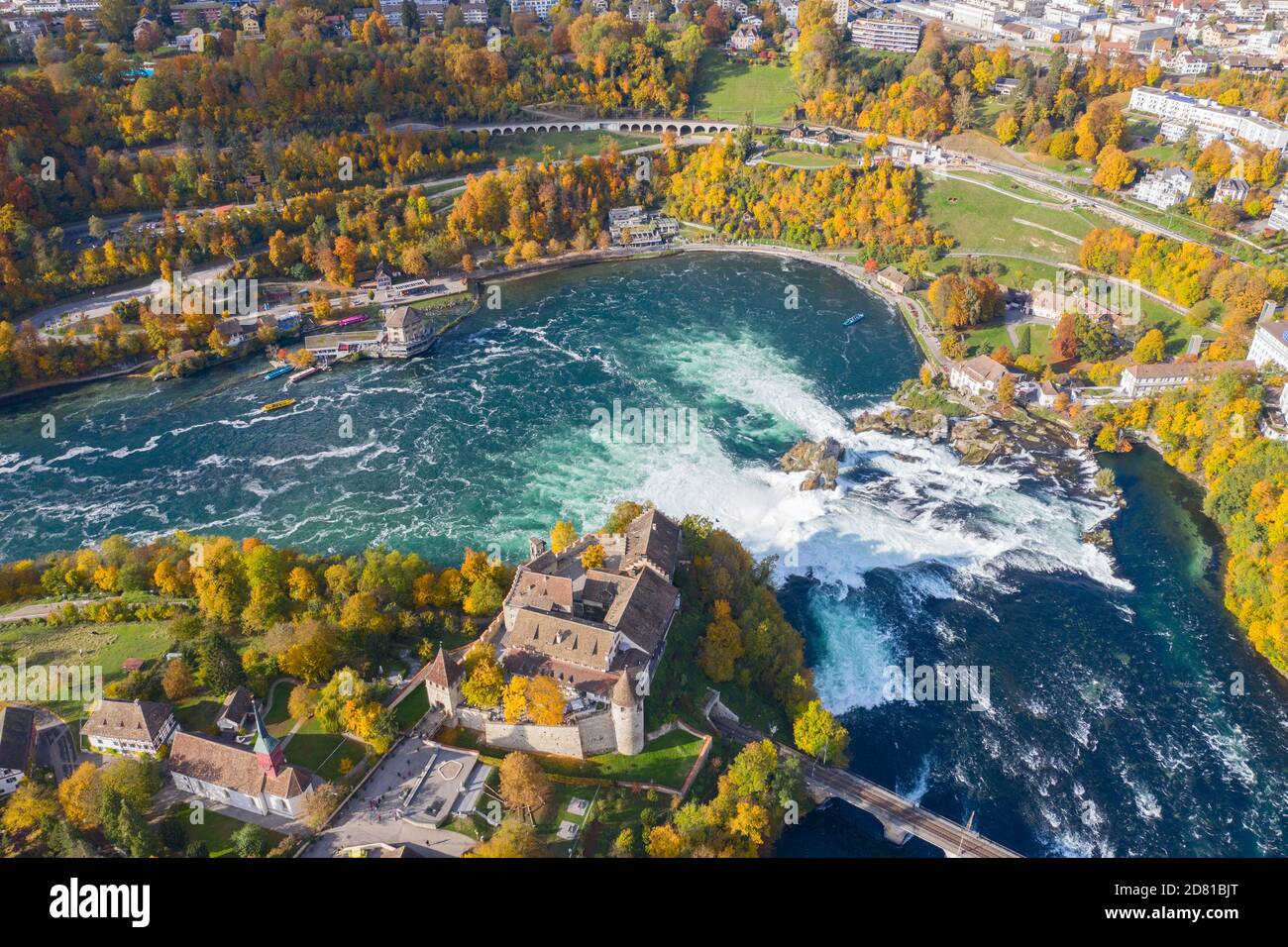 Rheinfall - the biggest waterfall in Europe. Aerial view over autumn ...