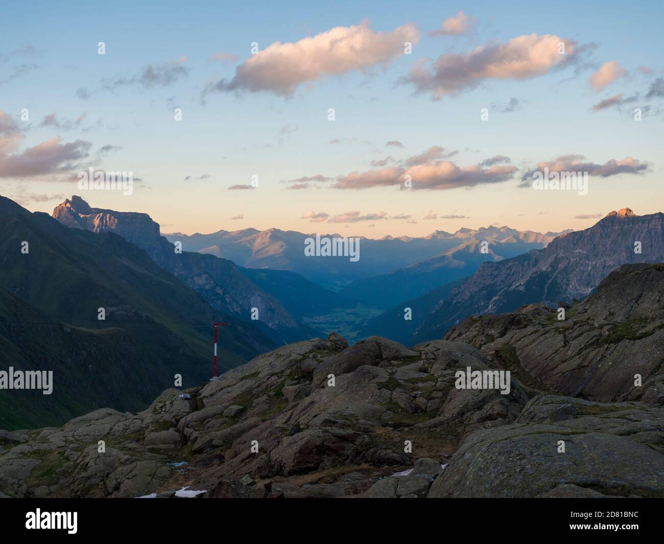 Evening sunset summer view of Stubai valley from Bremer Hutte at hiking ...