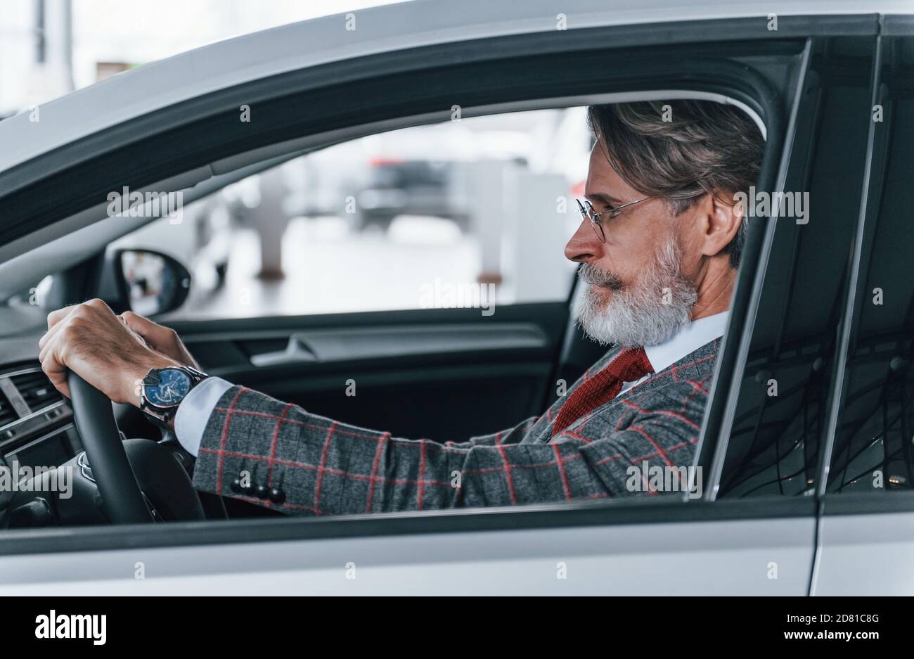 Modern stylish senior man with grey hair and mustache is in the modern ...