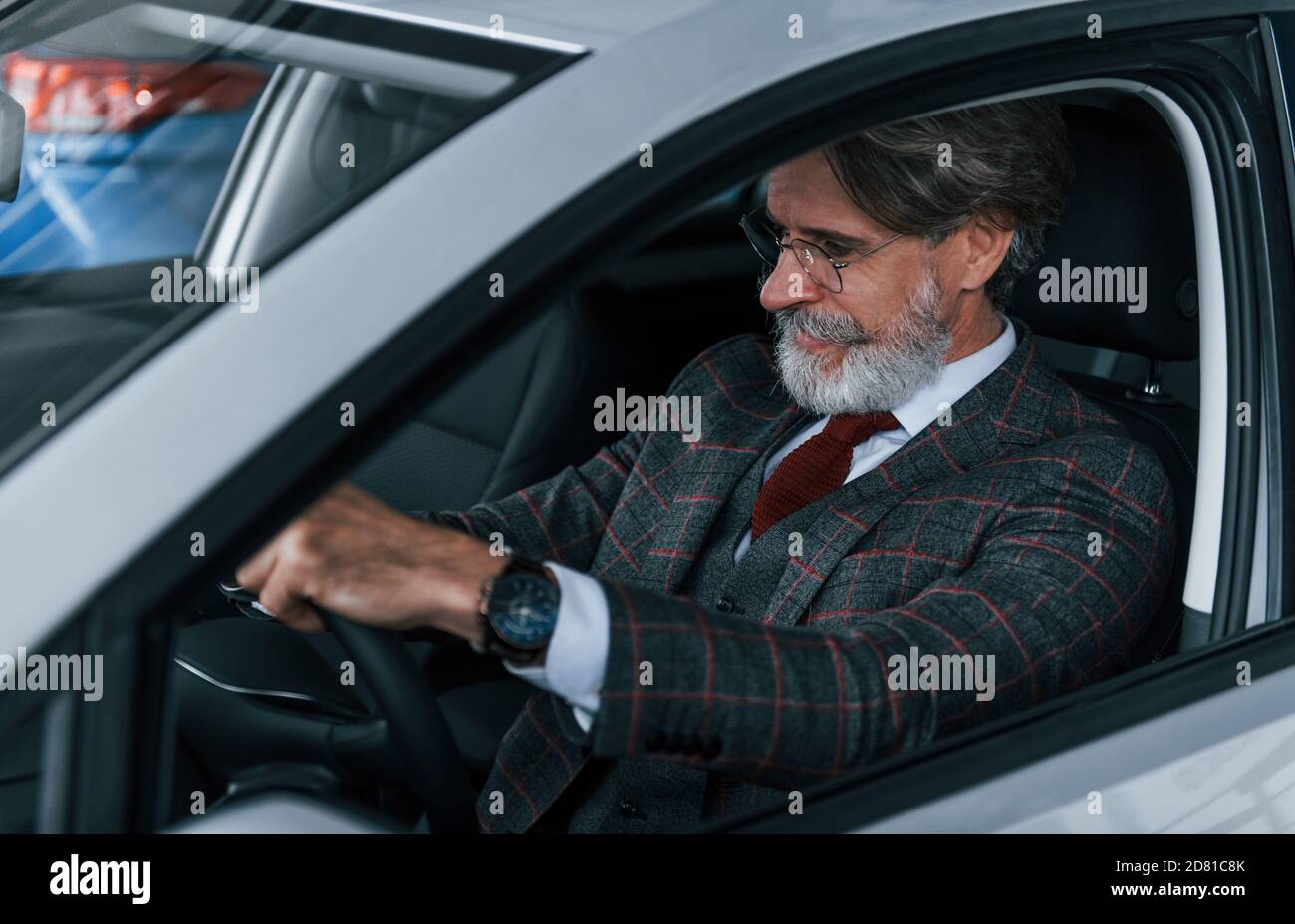 Modern stylish senior man with grey hair and mustache is in the modern ...