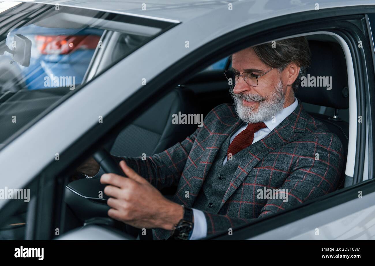 Modern stylish senior man with grey hair and mustache is in the modern ...