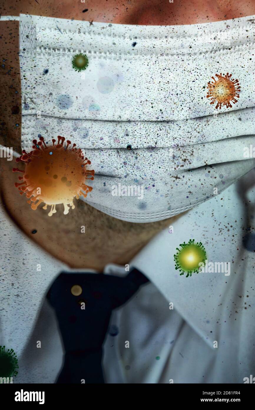 man with a mask on his face and viruses and bacteria flying around ...