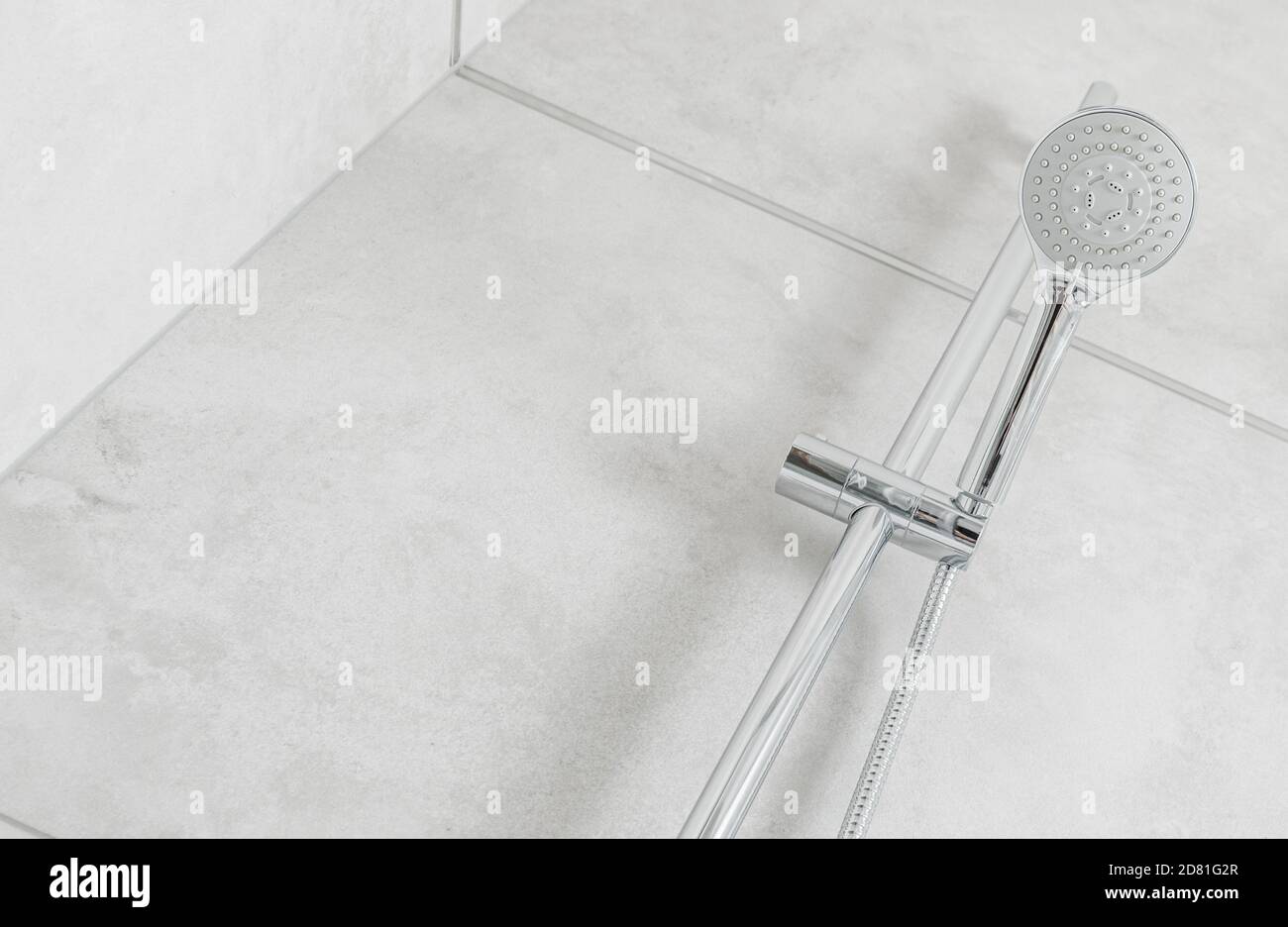 Bathroom Shower Cabin and Water Jet Head. Grey Ceramic Tiles. Clean ...