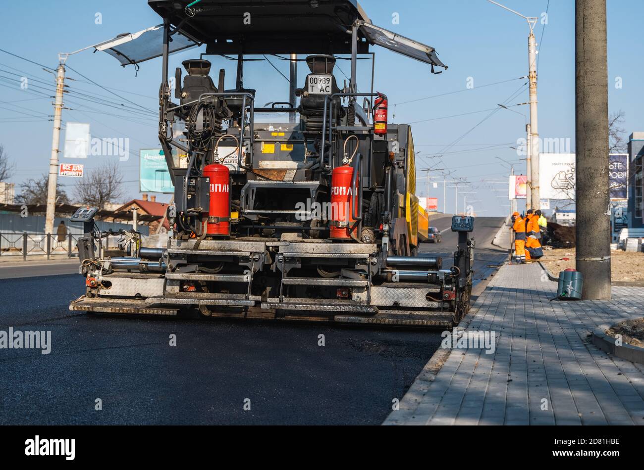 KYIV, UKRAINE - September 10, 2020: Industrial asphalt paver machine ...