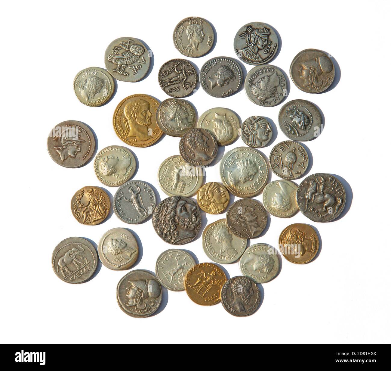 Collection of the ancient greek and roman coins on the white Stock ...