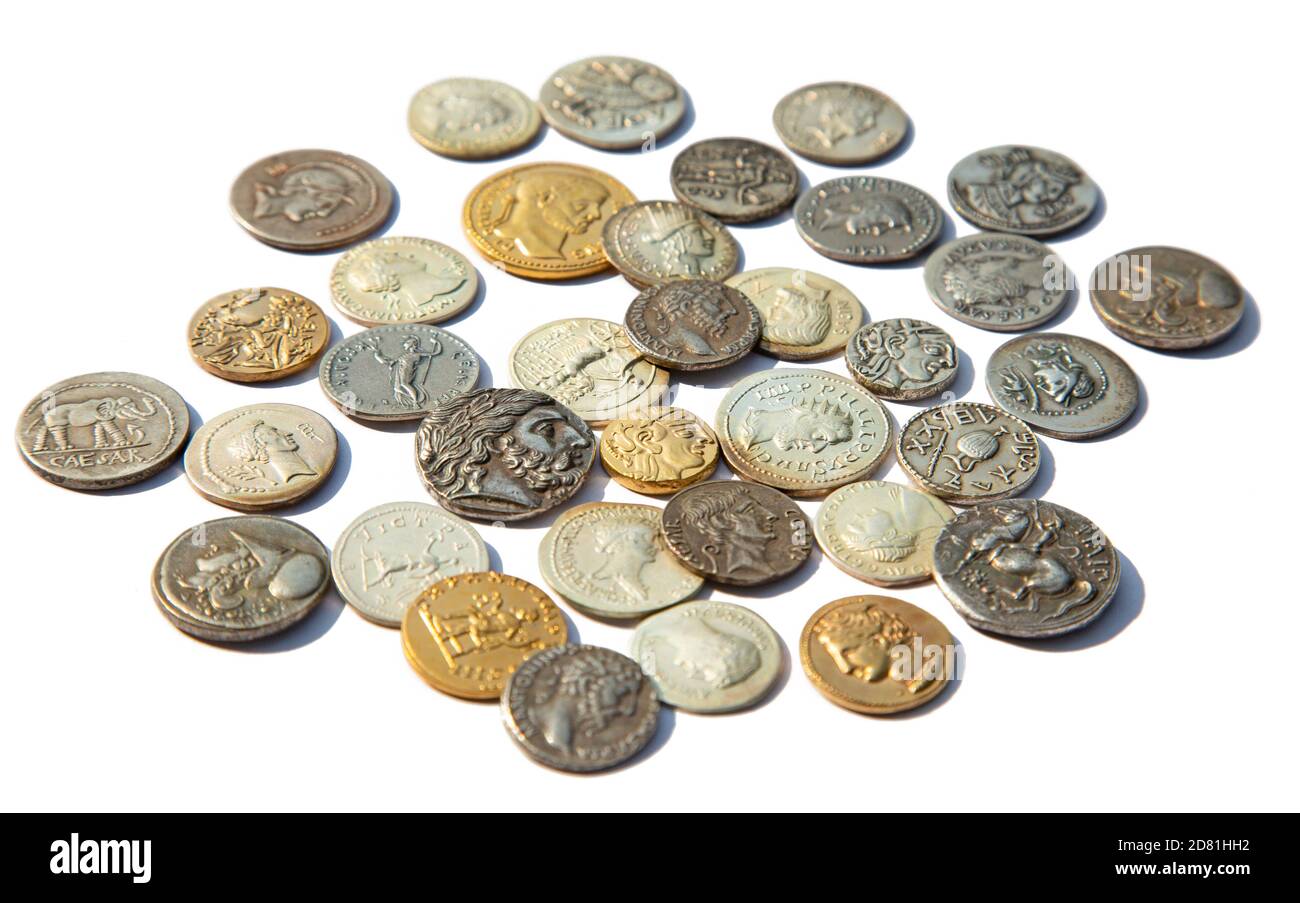 Collection of the ancient greek and roman coins on the white Stock ...