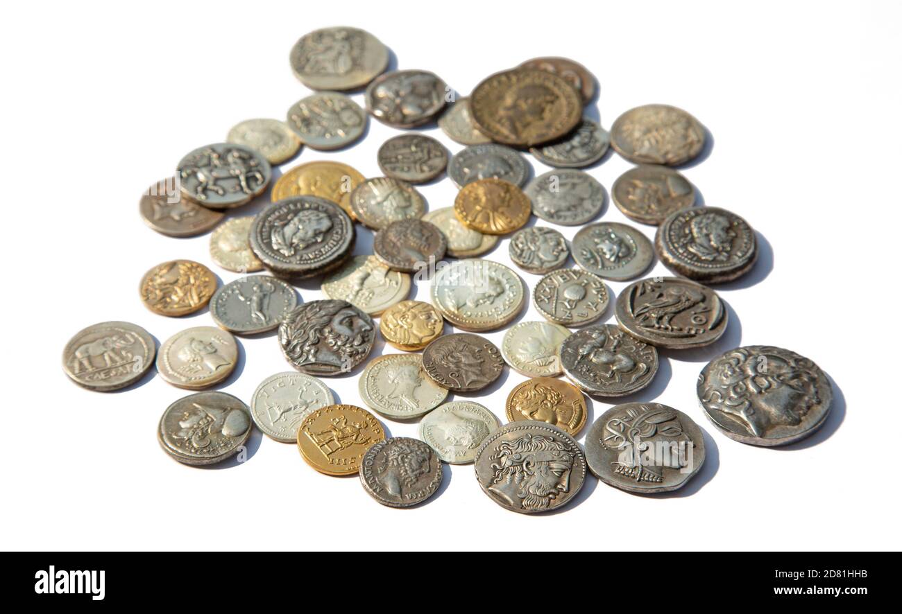 Collection of the ancient greek and roman coins on the white Stock ...