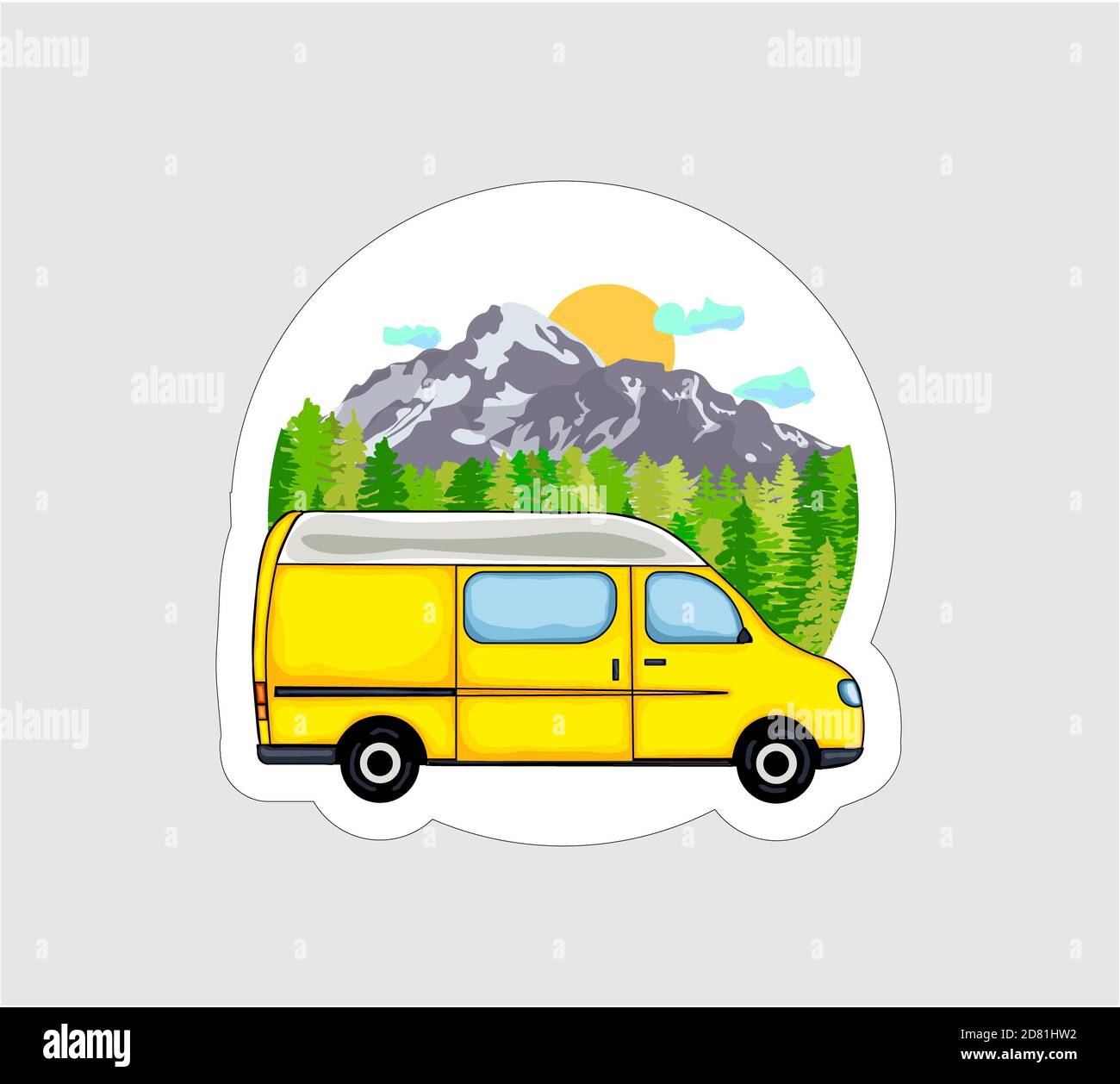 Van Life sticker. Yellow van with forest and mountains in the ...