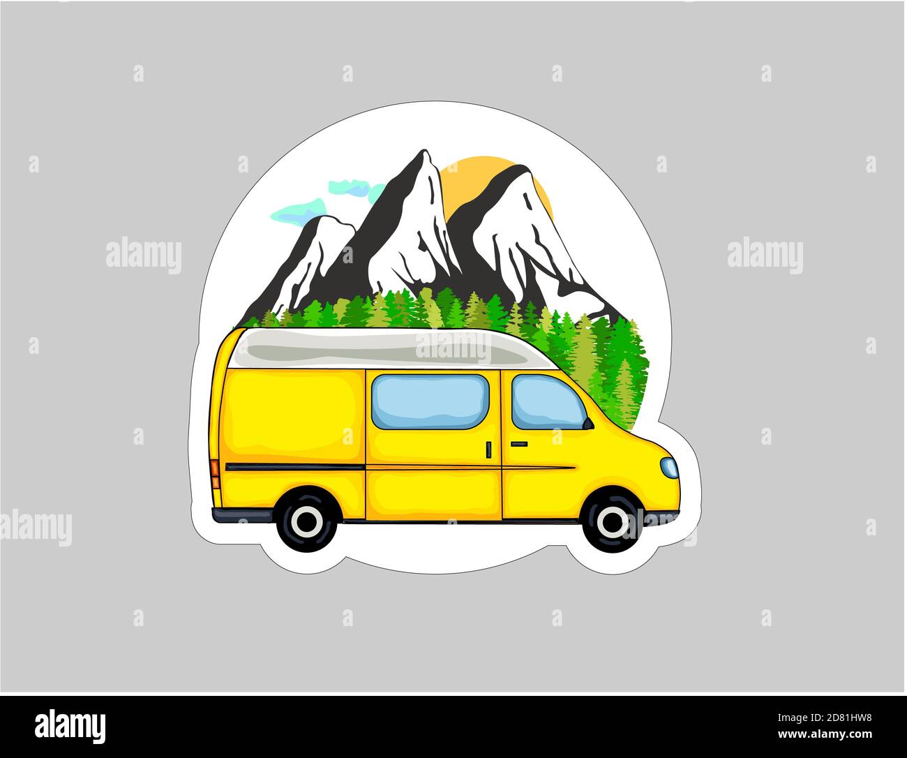 Van Life sticker. Yellow van with forest and mountains in the ...