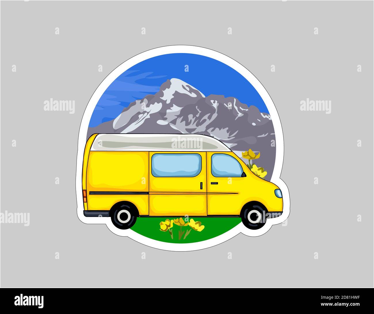 Van Life sticker. Yellow van with forest and mountains in the ...