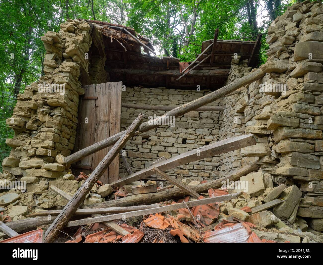 debris and rubble of an old stone house collapsed in the woods Stock ...