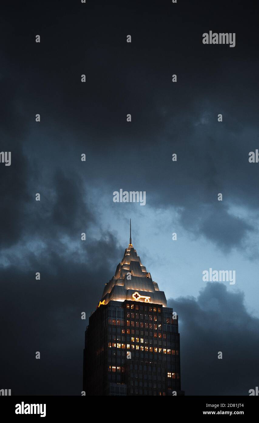 Key Tower at night with the moon in cleveland ohio Stock Photo - Alamy